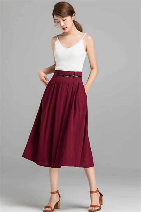 Handmade Burgundy Linen Midi Skirt High Waist A Line Xiaolizi 2370