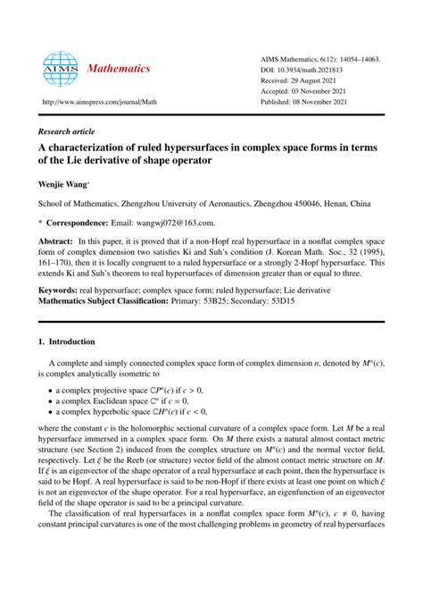 Pdf A Characterization Of Ruled Hypersurfaces In Complex Space Forms In Terms Of The Lie