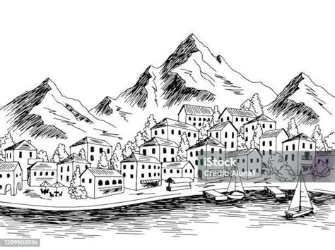 타운 씨 그래픽 블랙 화이트 베이 풍경 스케치 일러스트 벡터 도시에 대한 스톡 벡터 아트 및 기타 이미지 도시 만 바위