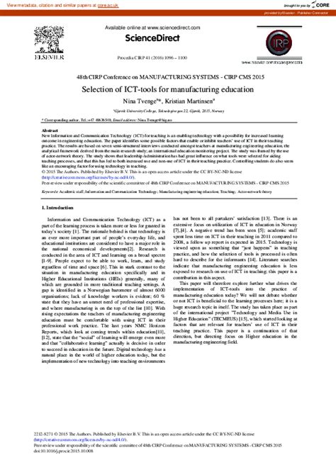 Pdf Selection Of Ict Tools For Manufacturing Education