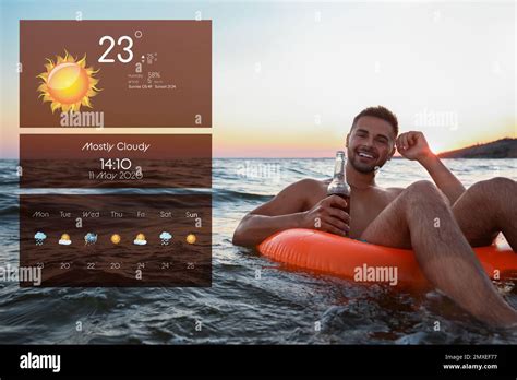 Happy Young Man With Drink On Inflatable Ring In Water And Weather Forecast Widget Mobile