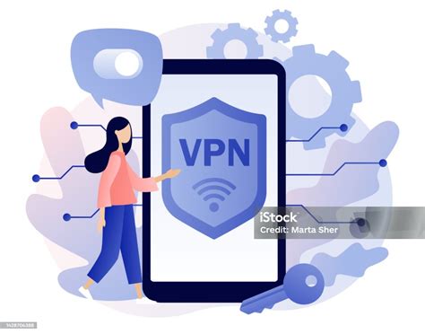 스마트 폰 앱의 Vpn 서비스 가상 사설망 개념 사이버 보안 안전한 웹 트래픽 데이터 보호 원격 서버 현대 플랫 만화 스타일 흰색 배경에 벡터 일러스트 레이 션 Vpn에