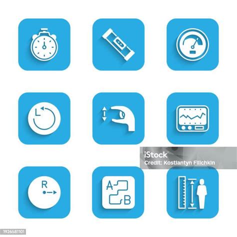 대략적인 측정 경로 위치 측정 높이 몸체 기기 반경 속도계 및 스톱워치 아이콘을 설정합니다 벡터 가리키기에 대한 스톡 벡터 아트 및 기타 이미지 Istock