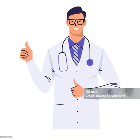 안경을 쓴 의사가 양손으로 엄지 손가락을 보여줍니다 승인 확인 좋은 멋지다의 제스처 흰 코트를 입고 넥타이를 매고 청진기를 든 남자 흰색으로 격리 과학자에 대한 스톡 벡터