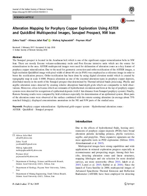 Pdf Alteration Mapping For Porphyry Copper Exploration Using Aster