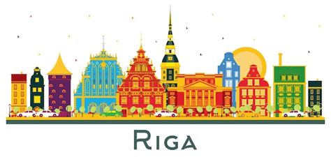 색상 건물 흰색 절연 리가 라트비아 도시 스카이 라인 프리미엄 벡터