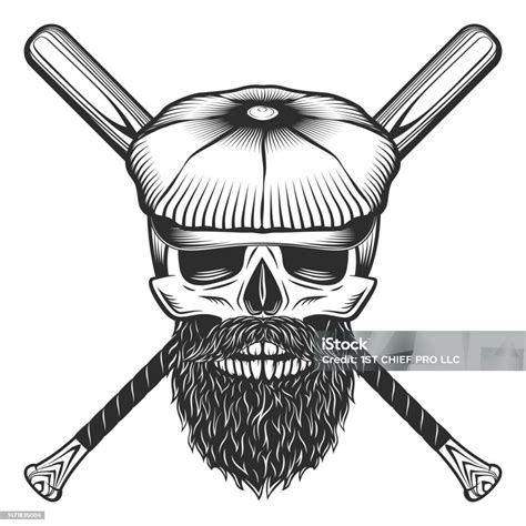 수염과 콧수염이 있는 플랫 캡에 두개골 야구 방망이 클럽 엠블럼 디자인 요소 템플릿 빈티지 흑백 스타일 격리된 벡터 일러스트레이션 가죽에 대한 스톡 벡터 아트 및 기타