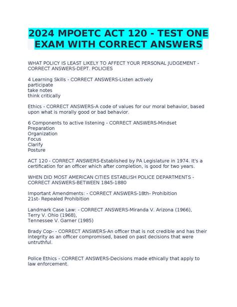2024 Mpoetc Act 120 Test One Exam With Correct Answers Exams Advanced Education Docsity