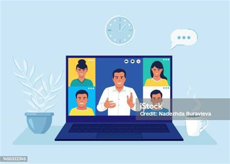 화상 회의 동료들은 랩톱 화면에서 서로 이야기합니다 컨퍼런스 화상 통화 집에서 작업 온라인 회의 작업 공간 벡터 일러스트레이션 가상 이벤트에 대한 스톡 벡터 아트 및 기타