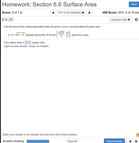 Solved Homework Section 6 6 Surface Area Save Score 0 Of 1