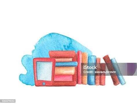 행 및 전자 리더 수채화 그림을 예약합니다 어린이 교육 개념 전자 리더와 많은 책 더미 장치 용량을 읽을 수 있습니다 읽기 활동 빈티지 책 읽기 취미 배너 템플릿 수채화에