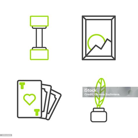 세트 라인 깃털과 잉크병 하트 기호와 카드 놀이 그림 풍경 및 아령 아이콘 벡터 건강한 생활방식에 대한 스톡 벡터 아트 및 기타 이미지 건강한 생활방식 골동품 교육