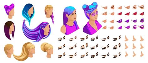 캐릭터 소녀 10 대 위한 아이소메트릭 만들기 감정 창의적인 헤어스타일 및 감정 슬픔 기쁨 행복의 N 2를 설정 합니다 입술 눈의 다른 메이크업 귀여운에 대한 스톡 벡터
