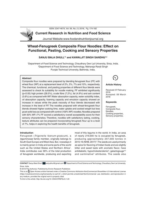 Pdf Wheat Fenugreek Composite Flour Noodles Effect On Functional Pasting Cooking And