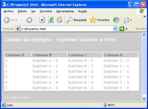 exportar listview a html