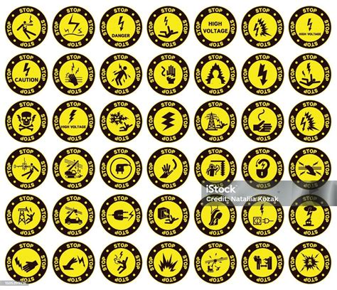 고전압 표시 둥근 노란색 전기 위험 표지판 벡터 그림입니다 건설 현장에 대한 스톡 벡터 아트 및 기타 이미지 건설 현장