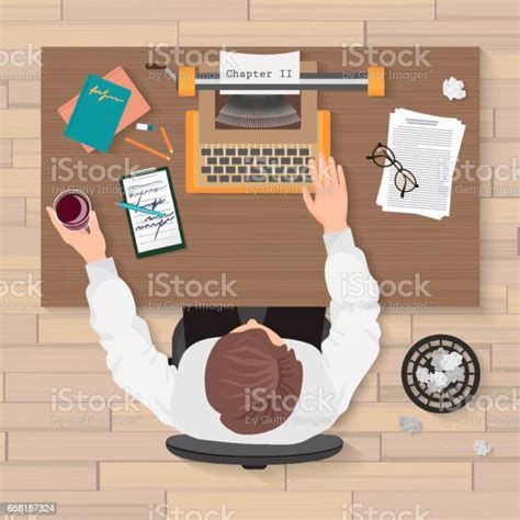 작가의 직장 가정이나 사무실에서 타자기로 일하는 남자 작가의 최고 보기 작가 타자기 최고 개념입니다 사무실에 대한 스톡 벡터 아트 및 기타 이미지 Istock