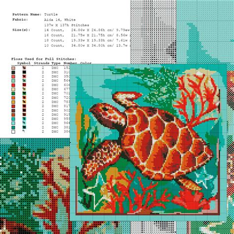 Cross Stitch Pattern Sea Turtle With Corals Needlepoint Pattern Embroidery Chart Printable PDF