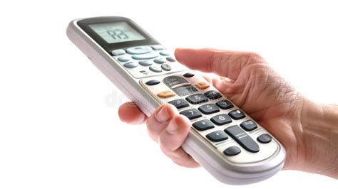 A Hand Holds An Air Conditioner Remote With A Digital Display Buttons And A Keyboard Isolated