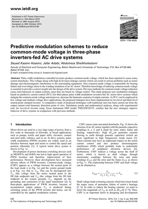 Pdf Predictive Modulation Schemes To Reduce Common Mode Voltage In Three Phase Inverters Fed