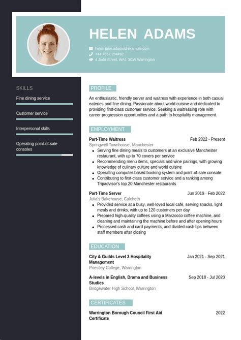 Waiter Waitress Cv Example Jobseeker