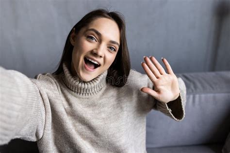 Picture Of Young Smiling Beautiful Woman Indoors At Home Take Selfie By