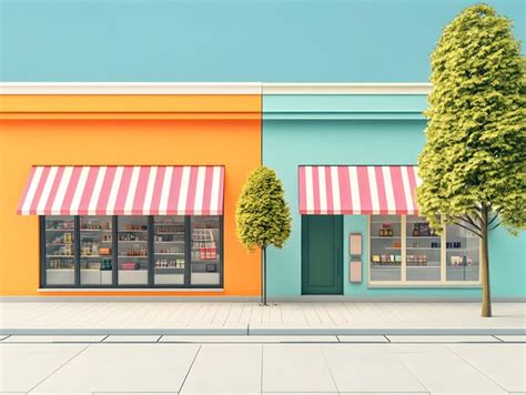 A Vibrant Storefront With Colorful Awnings And Green Trees Showcasing A