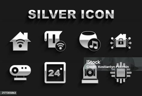 온도 조절기 스마트 홈 Cpu가 있는 프로세서 울리는 알람 벨 웹 카메라 음성 도우미 Wifi 및 전기 주전자 아이콘을 설정합니다 벡터 Cpu에 대한 스톡 벡터 아트 및