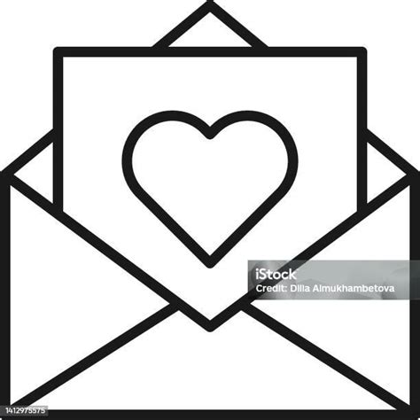 우편 및 편지 단색 기호 검은 색 얇은 선으로 그려진 윤곽선 기호 웹 사이트 응용 프로그램 상점 상점 등에 적합합니다 봉투에 있는 편지에 하트의 벡터 아이콘 뉴스레터에 대한