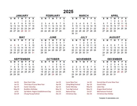 2025 Year At A Glance Calendar With Hong Kong Holidays Free Printable
