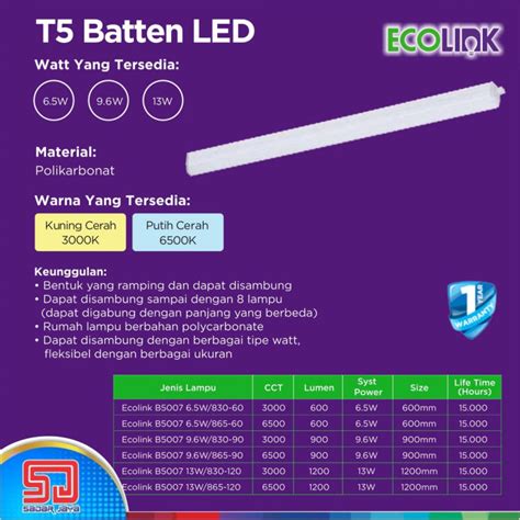 Lampu Neon Panjang Ecolink T5 Batten LED 6 5W 9 6W13W Lazada Indonesia