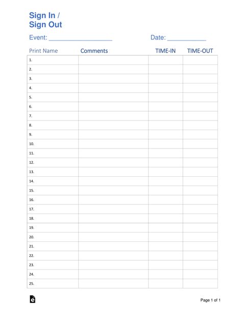 Blank Printable Sign Out Sheet Template