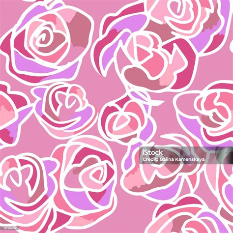 플로럴 벡터 배경 큰 꽃 선화 만화 장미와 꽃 봉오리로 만든 식물 원활한 패턴 여름 모티프 윤곽 선개 그림입니다 복고풍 빈티지 스타일 스케치 디자인 꽃 식물에 대한 스톡