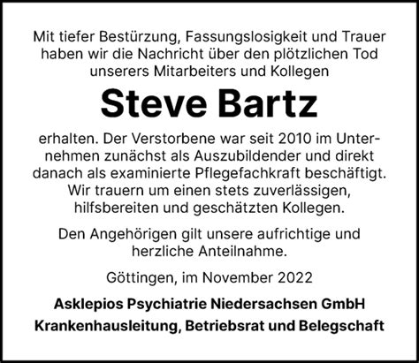 Traueranzeigen Von Steve Bartz Trauer Anzeigen De