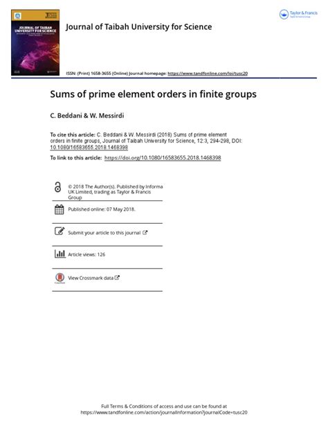 Beddani Sums Of Prime Element Orders In Finite Groups Pdf Group Mathematics Prime Number