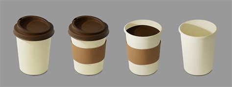 종이 사실적인 커피 컵 모크 아이소메트릭 커피 머그잔 음료일회용 유리 제품 웹 배너 및 전단지용 템플릿입니다 벡터 일러스트레이션