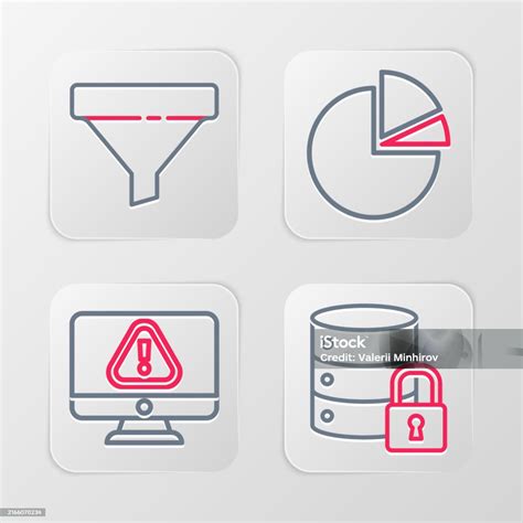 잠금이 있는 라인 서버 보안 모니터 느낌표 파이 차트 인포그래픽 및 판매 퍼널 아이콘을 설정합니다 벡터 0명에 대한 스톡 벡터 아트 및 기타 이미지 Istock