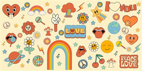 그루비 히피 70 년대 세트 재미 있은 만화 꽃 무지개 평화 사랑 심장 데이지 버섯 등 트렌디한 복고풍 사이키델릭 만화 스타일의 스티커 팩 고립 된 벡터 그림입니다 꽃의 힘