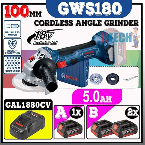 Bosch Gws180 Li Cordless Brushless Angle Grinder Gal1880 Cv Charger