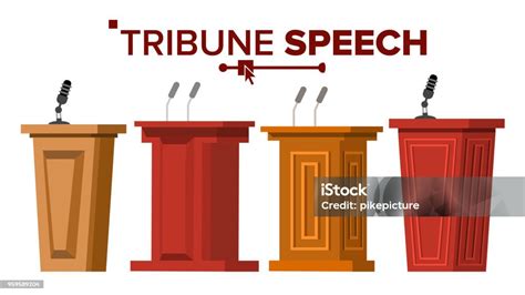 트리뷴 설정된 벡터입니다 마이크와 연단 뱃 대입니다 비즈니스 프레 젠 테이 션 또는 회의 토론 연설입니다 플랫 만화 일러스트 레이 션 연단에 대한 스톡 벡터 아트 및 기타