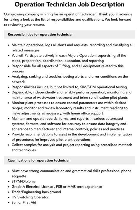 Operation Technician Job Description Velvet Jobs