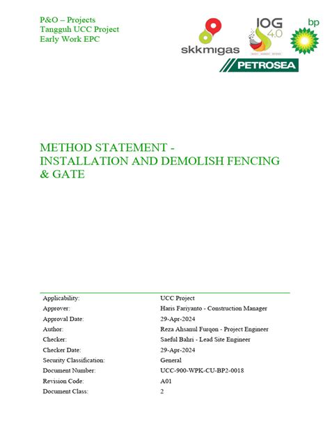 Ucc 900 Wpk Cu Bp2 0018 Method Statement For Installation And Demolish Fencing And Gate Pdf