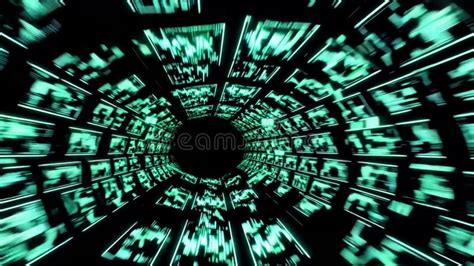 Futuristic Tunnel With Floating Digital Screens Displaying Matrix Style Symbols Stock Video