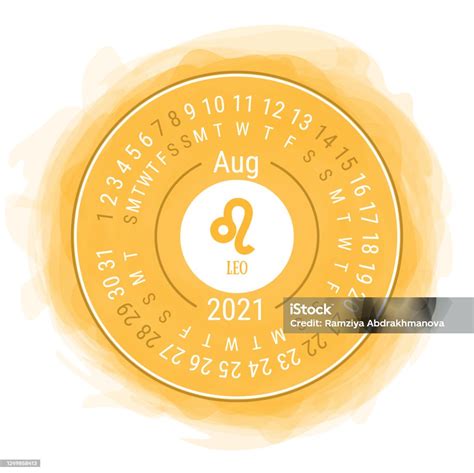 2021년 8월 벡터 영어 크립칼엔다르 조디악 기호 레오 점성술 기호 조디악 색상 벡터 별자리 수채화 아이의 스케치 낙서 스타일 손으로 그린 프레임 라운드 캘린더 스모키