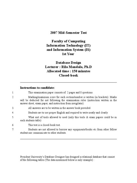 2007 Mid Semester Test Database Design Exam For 1st Year It And Is