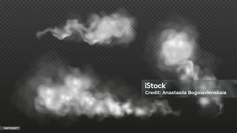 투명한 배경에 하얀 먼지 연기 또는 안개 구름 분말 또는 스팀 스프레이 세트 에어로졸 스플래시 자동차 바퀴의 안개가 자욱한 흔적 벡터 그림 구름에 대한 스톡 벡터 아트 및