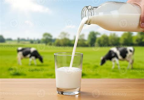 Fresh Dairy Milk Pouring Into Glass On Wooden Table With Cows Grazing