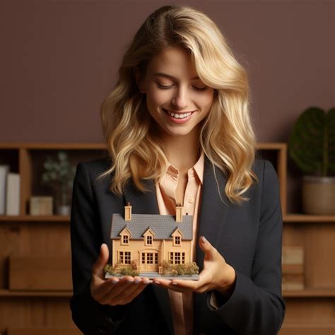 Premium Photo Beautiful Female Real Estate Agent Holding Miniature