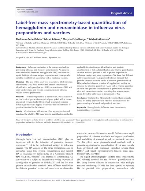 Pdf Label Free Mass Spectrometry Based Quantification Of Hemagglutinin And Neuraminidase In