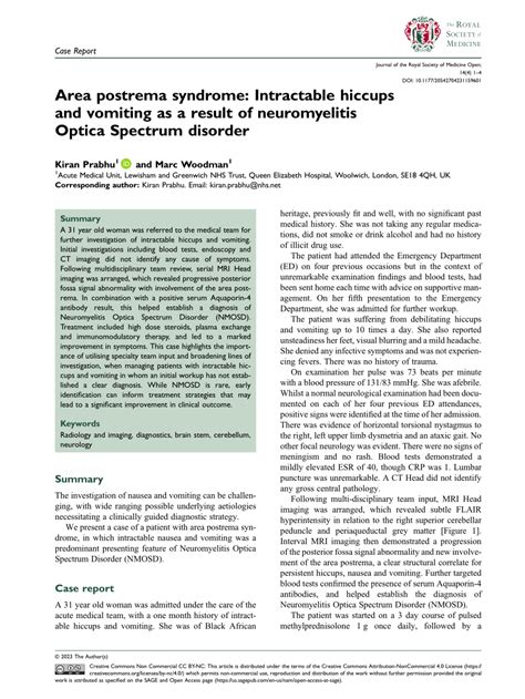 Pdf Area Postrema Syndrome Intractable Hiccups And Vomiting As A Result Of Neuromyelitis